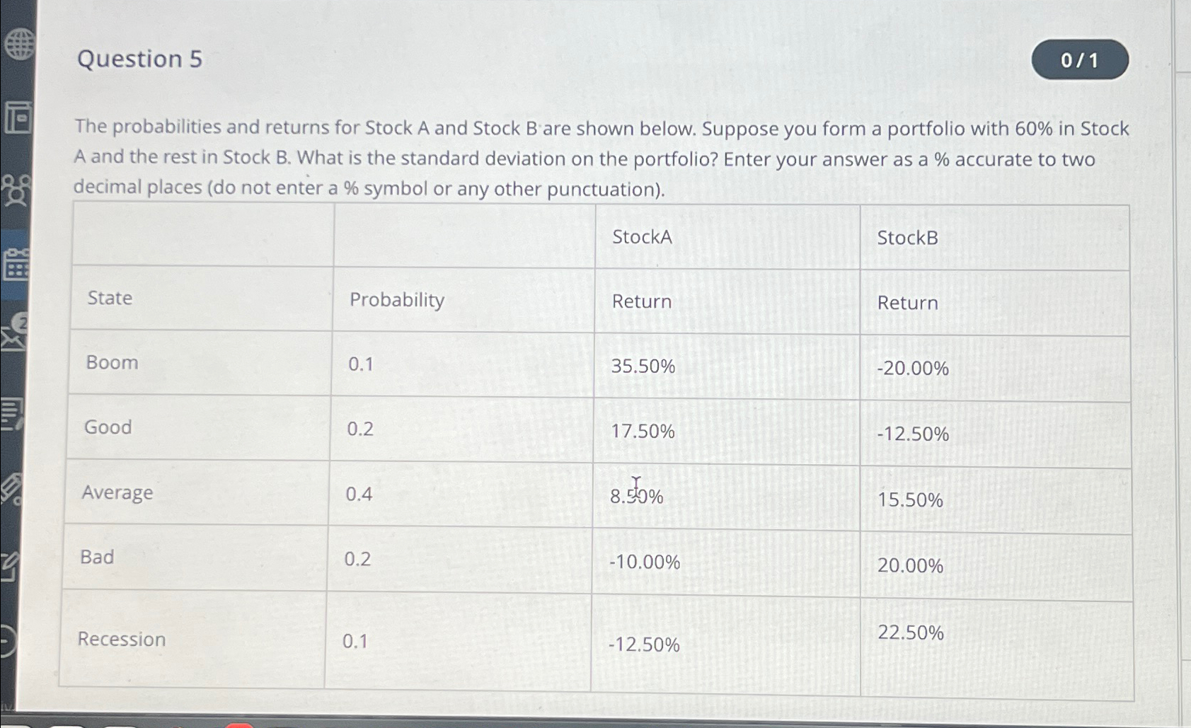 Solved Question 5The probabilities and returns for Stock A | Chegg.com