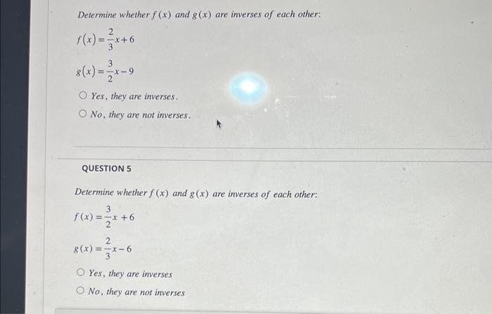 Solved Determine whether f(x) and g(x) are inverses of each | Chegg.com