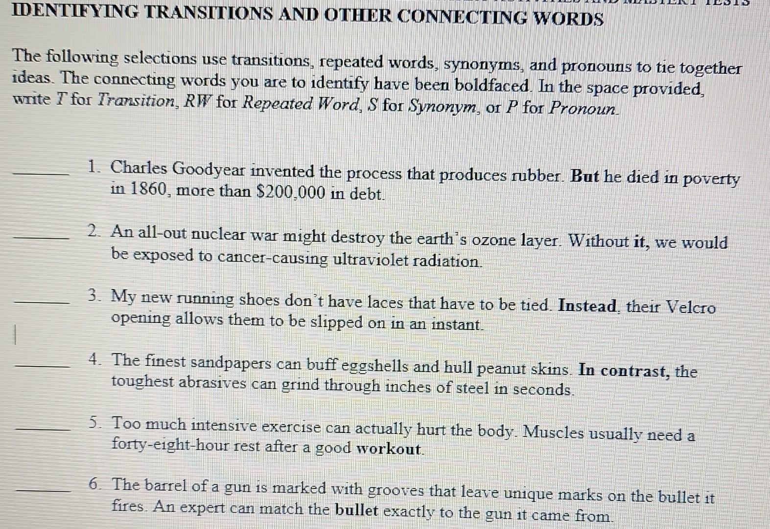 Solved IDENTIFYING TRANSITIONS AND OTHER CONNECTING WORDS | Chegg.com