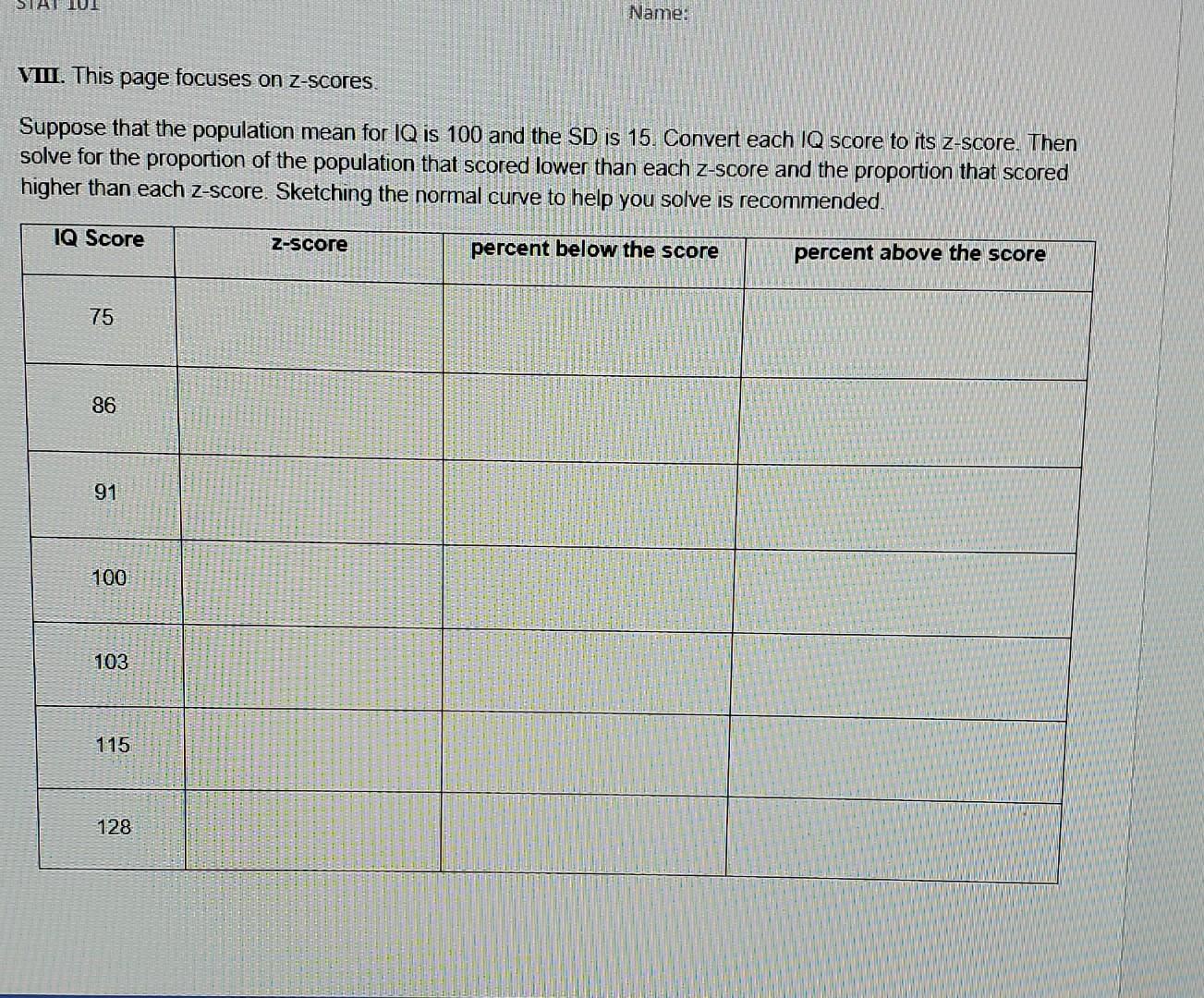 Solved VIII. This page focuses on z-scores Suppose that the | Chegg.com