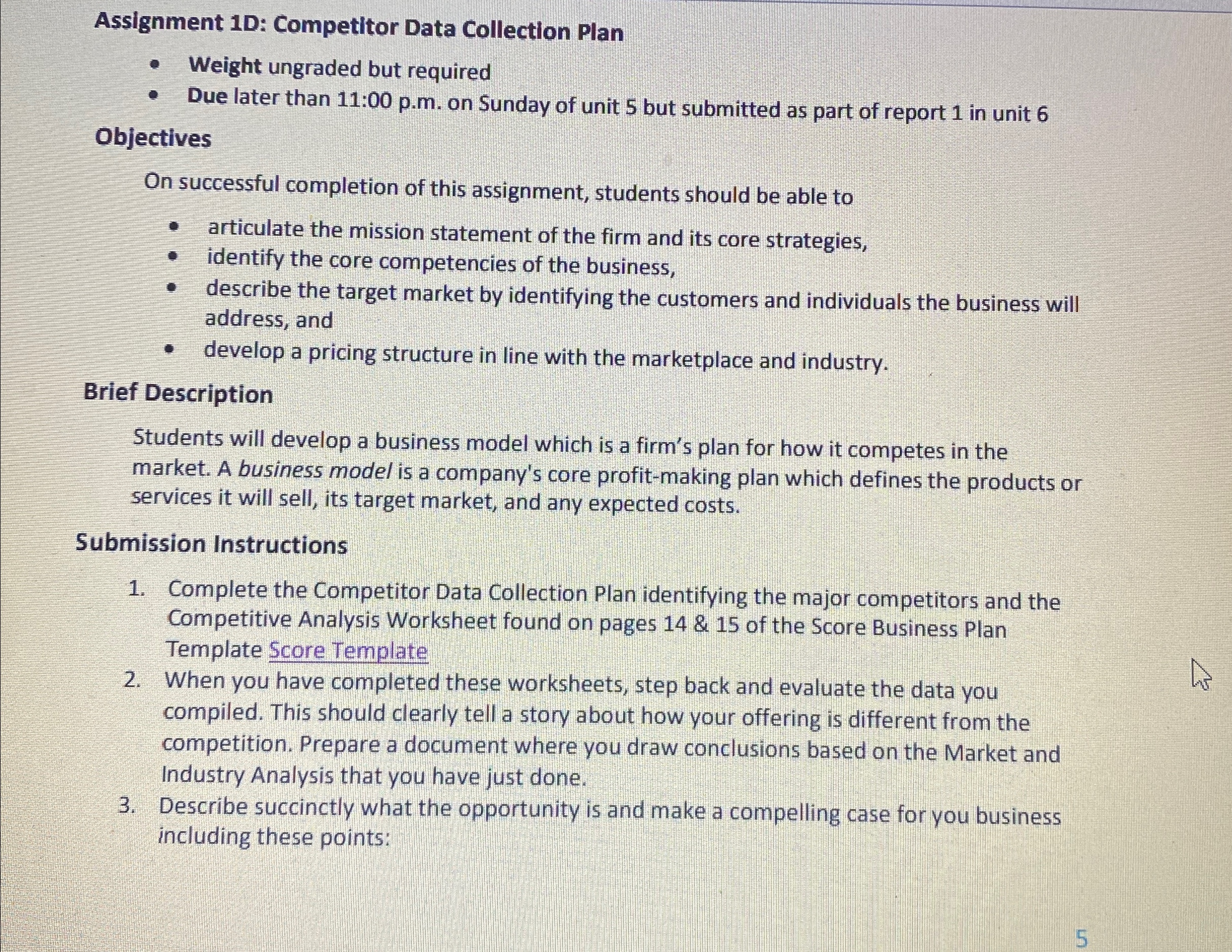Solved Assignment 1D: Competitor Data Collection PlanWeight | Chegg.com