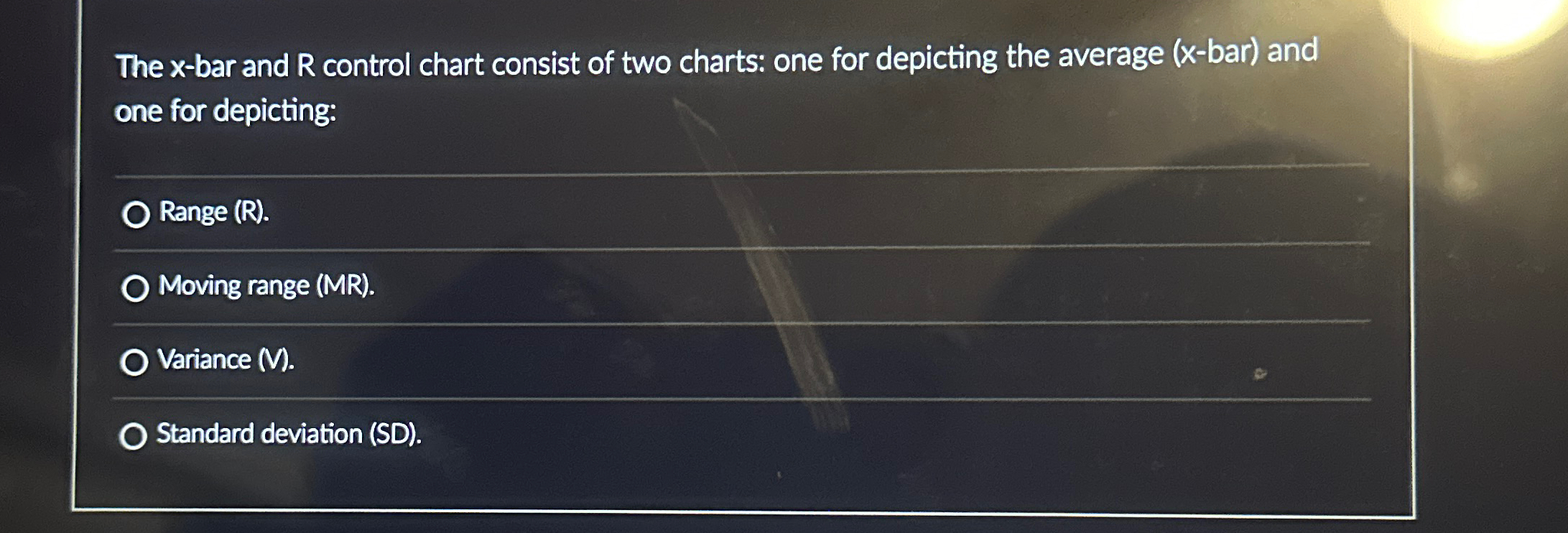 Solved The x-bar and R ﻿control chart consist of two charts: | Chegg.com