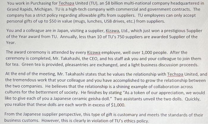 Solved You work in Purchasing for Techspa United (TU), an | Chegg.com