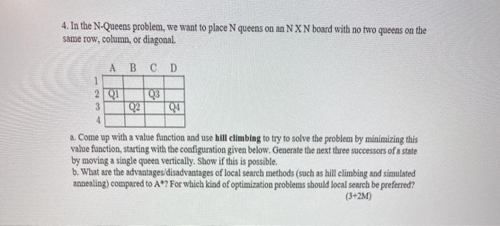 Solved 4. In the N-Queens problem, we want to place N queens | Chegg.com