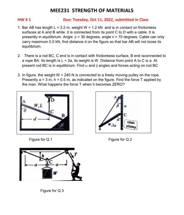 Solved 1. Bar AB has length L=3.2 m, weight W=1.2kN and is | Chegg.com