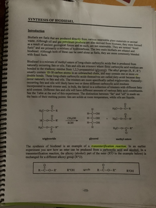 SYNTHESIS OF BIODIESEL REPORT FORM Name Drawer Number | Chegg.com