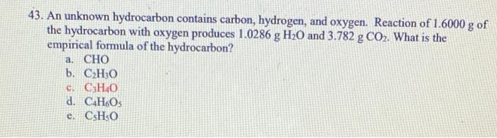 Solved 43. An unknown hydrocarbon contains carbon, hydrogen, | Chegg.com
