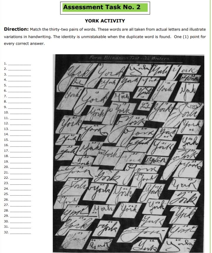 Assessment Task No. 2 YORK ACTIVITY Direction: Match | Chegg.com