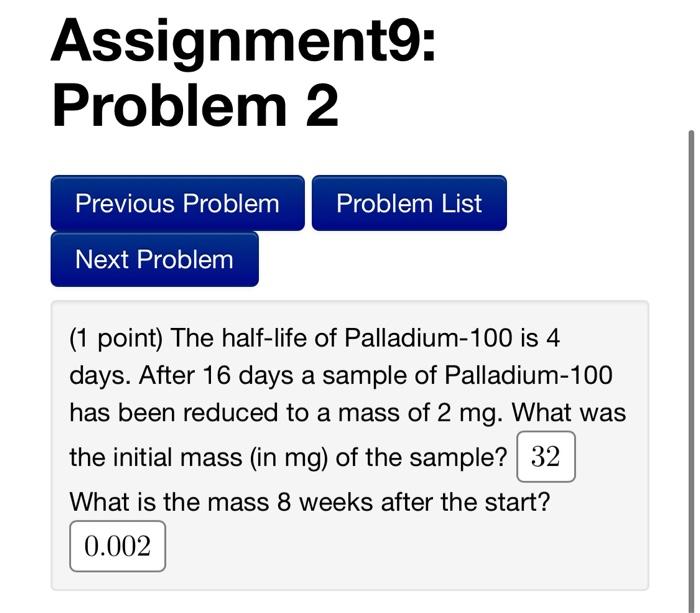 Solved Assignment9 Problem 2 Previous Problem Problem List 