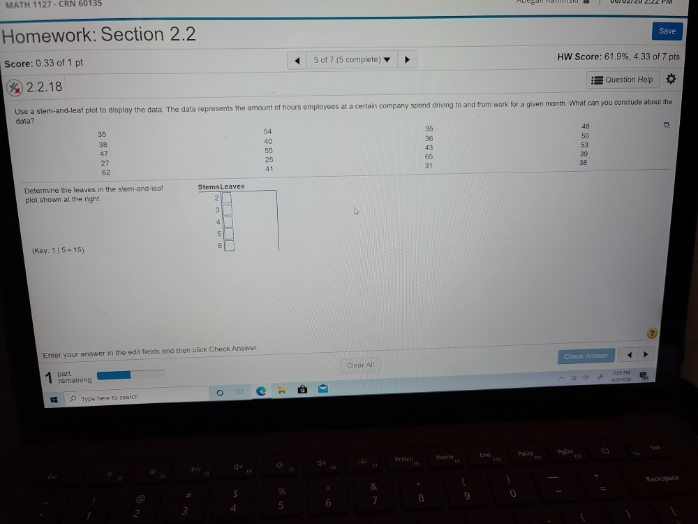 Solved MATH 1127 - CRN 60135 64 NSN 2.22 PM Save Homework: | Chegg.com