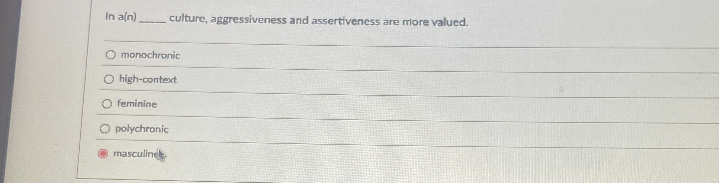 Solved In a(n) ﻿culture, aggressiveness and assertiveness | Chegg.com