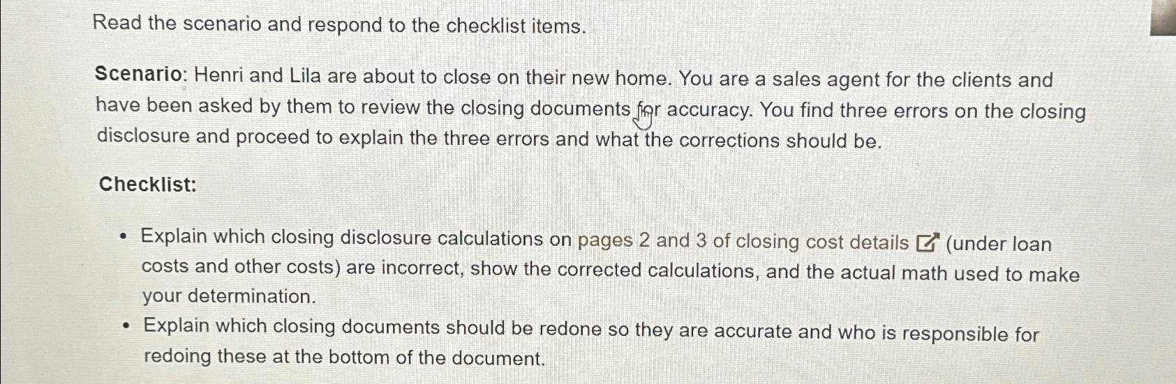 Solved Read the scenario and respond to the checklist | Chegg.com