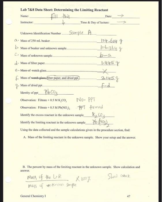 Solved Lab 7&8 Data Sheet: Determining the Limiting Reactant | Chegg.com