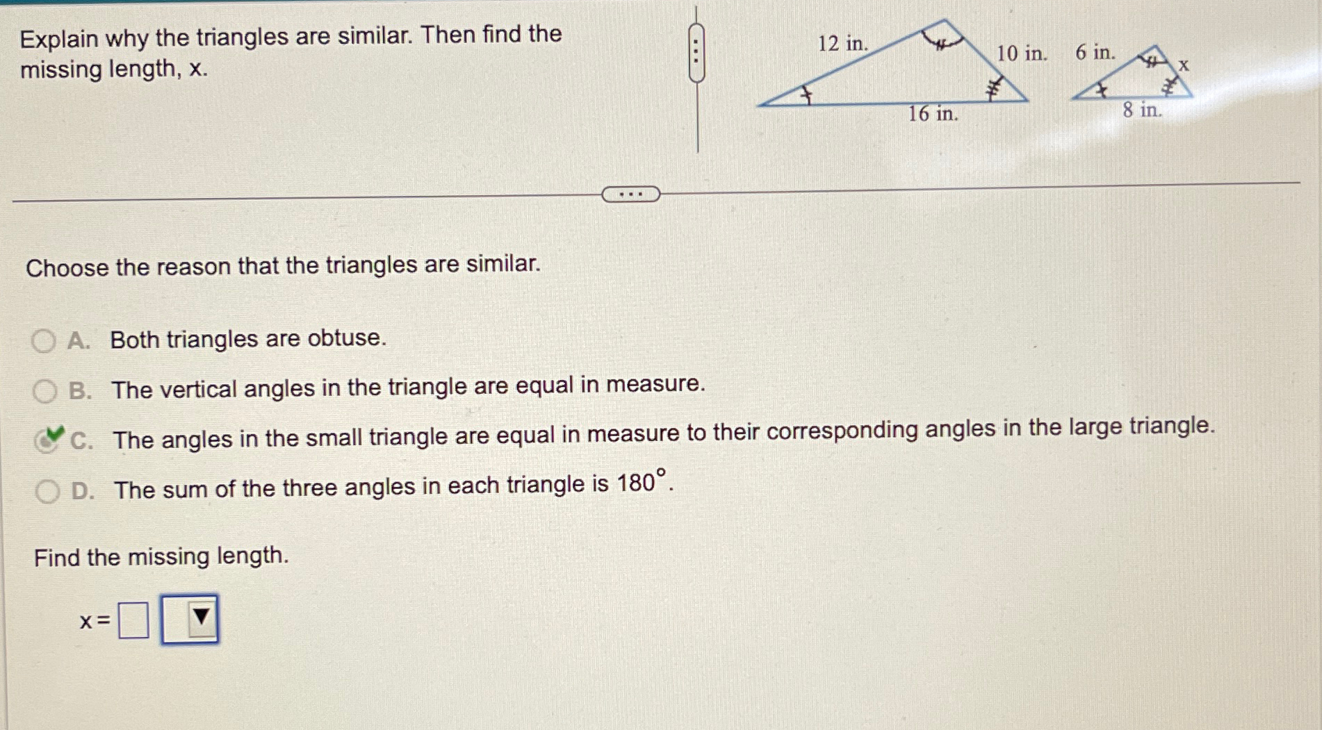 Solved Explain why the triangles are similar. Then find the | Chegg.com