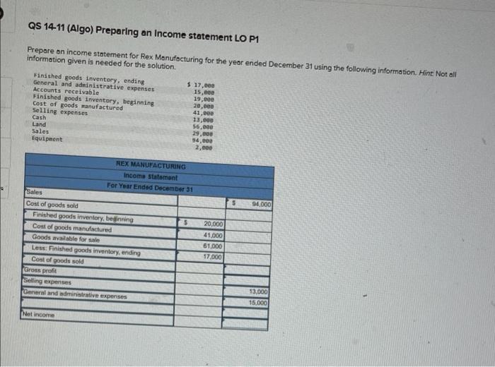 Solved QS 14-11 (Algo) Preparing an Income statement LO P1 | Chegg.com