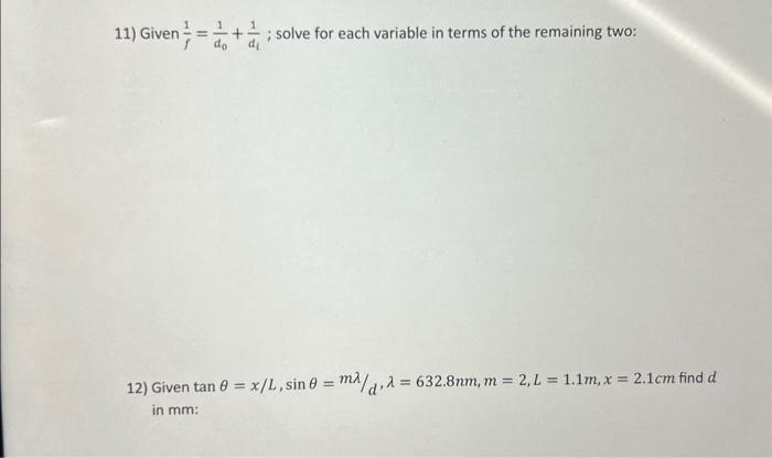 Solved 11) Given f1=d01+di1; solve for each variable in | Chegg.com