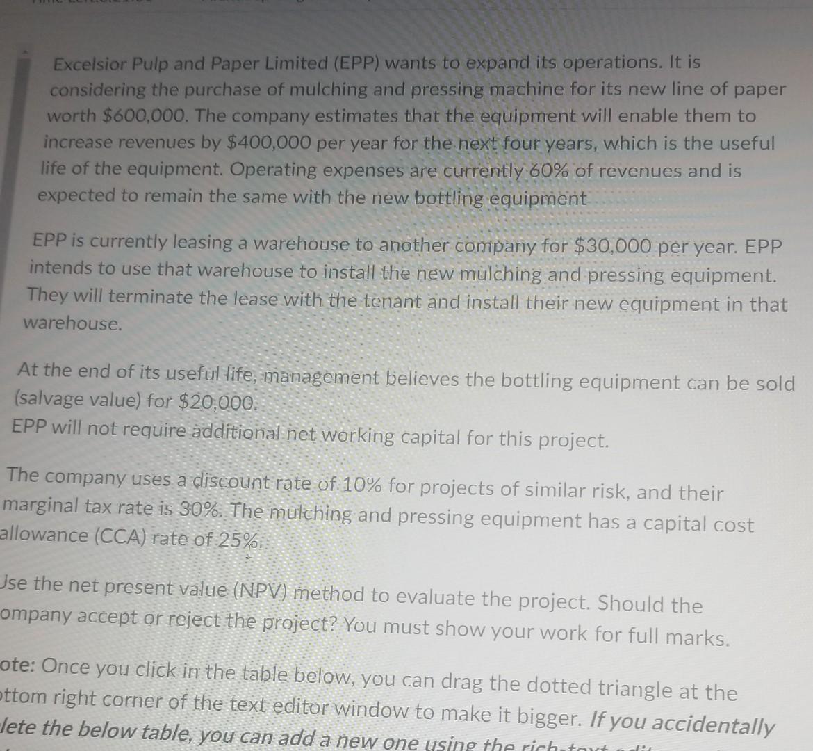 Solved Excelsior Pulp and Paper Limited (EPP) wants to | Chegg.com