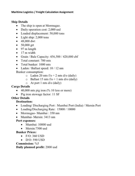 Maritime Logistics / Freight Calculation Assignment | Chegg.com