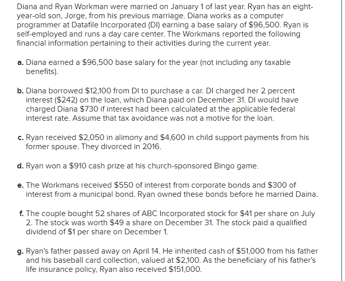 Solved Diana and Ryan Workman were married on January 1 ﻿of | Chegg.com