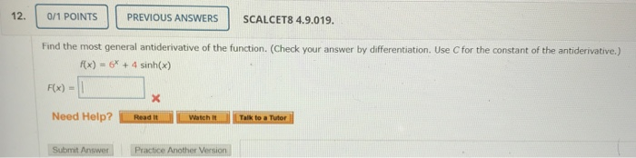 Solved 12. 0/1 POINTS PREVIOUS ANSWERS SCALCET8 4.9.019. | Chegg.com