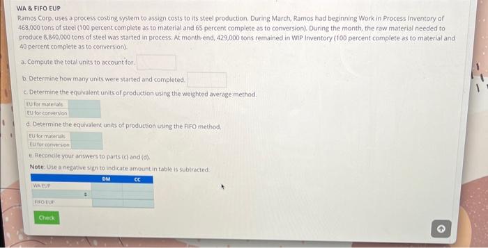 Solved WA \& FIFO EUP Ramos Corp. uses a process costing | Chegg.com