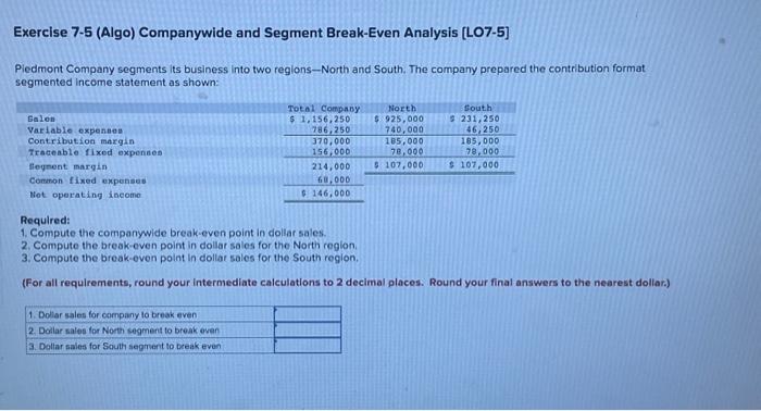 Solved Exercise 7-5 (Algo) Companywide and Segment | Chegg.com