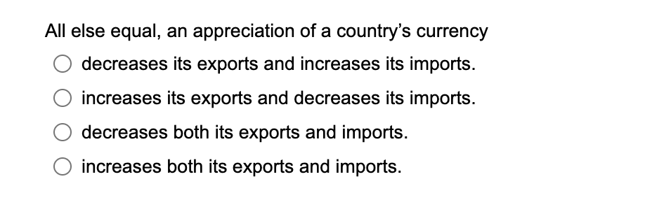Solved All else equal, an appreciation of a country's | Chegg.com