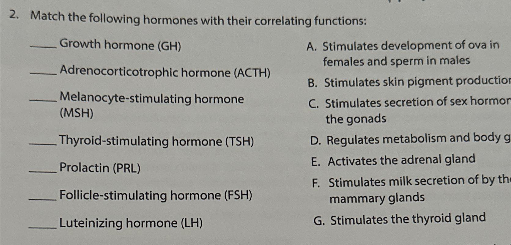 Solved Match the following hormones with their correlating | Chegg.com