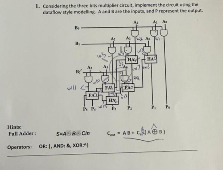 Solved Considering the three bits multiplier circuit, | Chegg.com