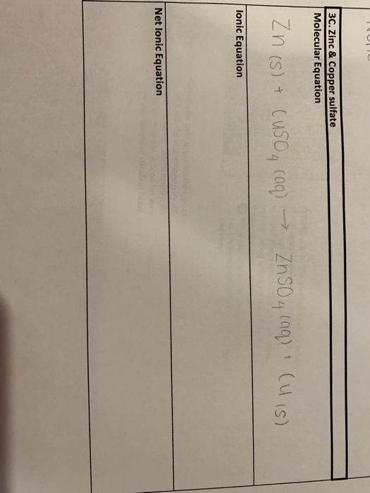 Solved 3C. Zinc & Copper sulfate Molecular Equation Zn (S) + | Chegg.com