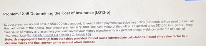 Solved Problem 12-15 Determining the Cost of Insurance | Chegg.com