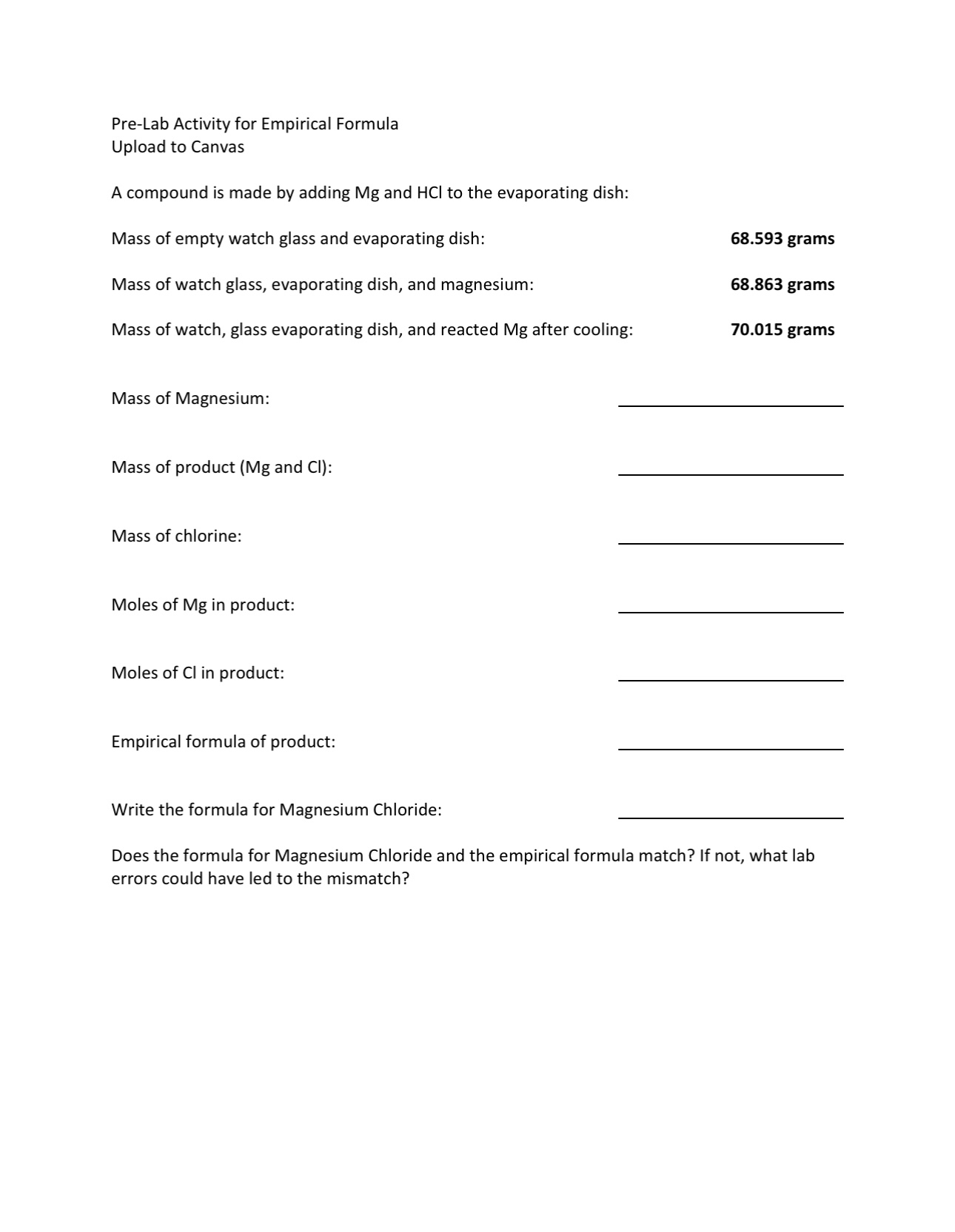 Solved Pre-Lab Activity for Empirical FormulaUpload to | Chegg.com