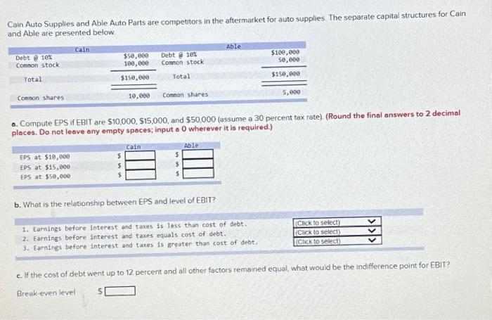Solved Cain Auto Supplies and Able Auto Parts are | Chegg.com