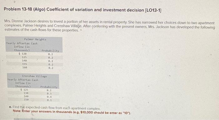 Solved Problem 13-18 (Algo) Coefficient of variation and | Chegg.com