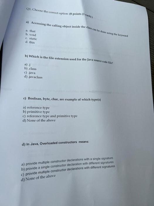Solved Q1. Choose the correct option: (8 points ( 1each) ) | Chegg.com
