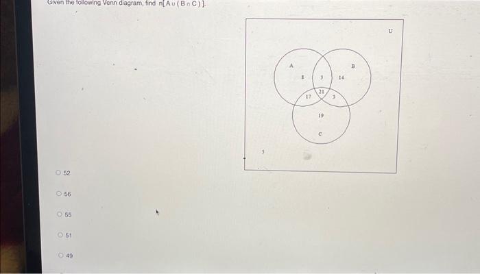 Solved Given the following Venn diagram, find n[A∪(B∩C)]. 52 | Chegg.com