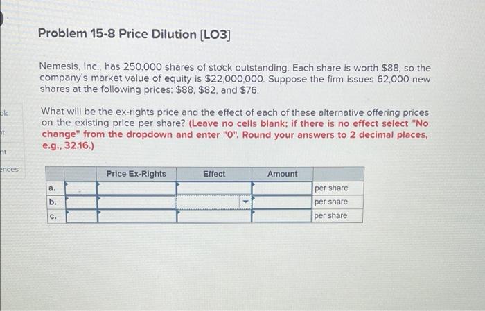 Solved Problem 15-8 Price Dilution (LO3] Nemesis, Inc., has | Chegg.com