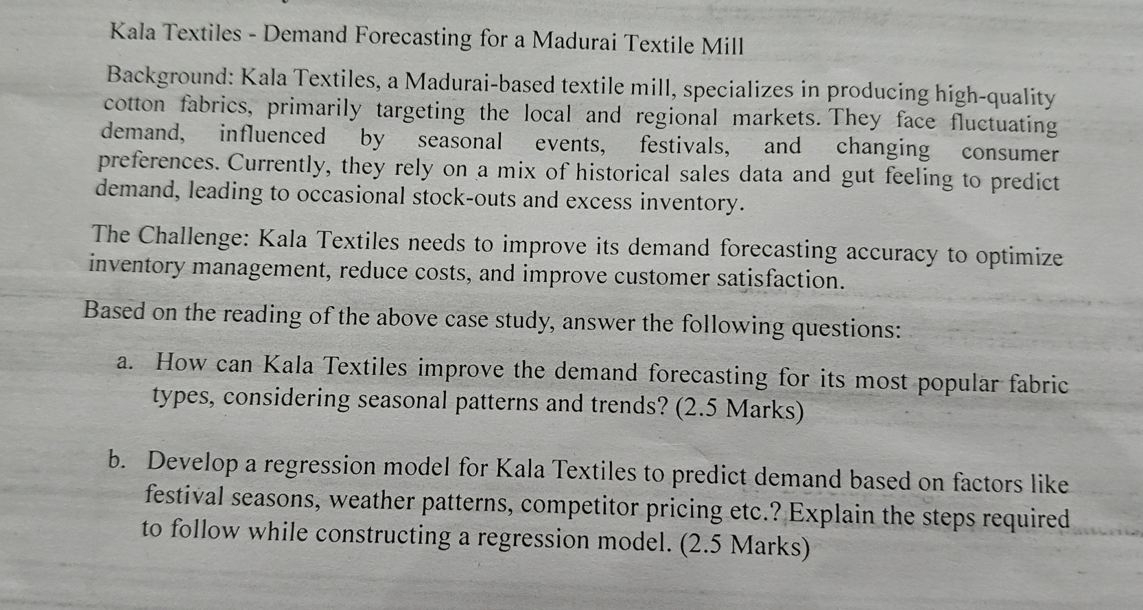 Solved Kala Textiles - ﻿Demand Forecasting for a Madurai | Chegg.com