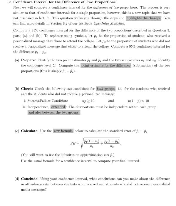 2. Confidence Interval for the Difference of Two | Chegg.com