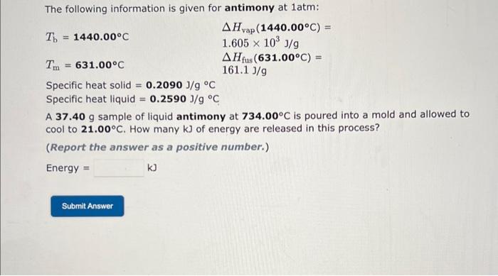 Solved The following information is given for antimony at 1 | Chegg.com