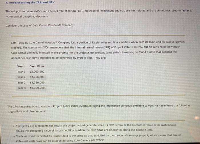 Solved 3. Understanding the IRR and NPV The net present | Chegg.com