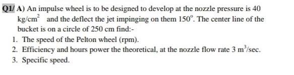 Solved Q1 A) An impulse wheel is to be designed to develop | Chegg.com