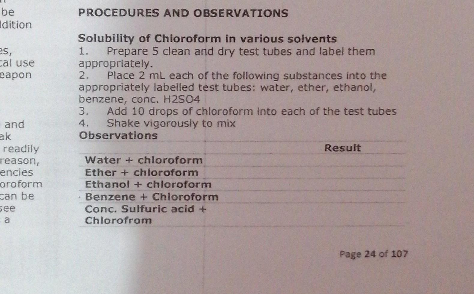 Solved PROCEDURES AND OBSERVATIONS Solubility of Chloroform | Chegg.com