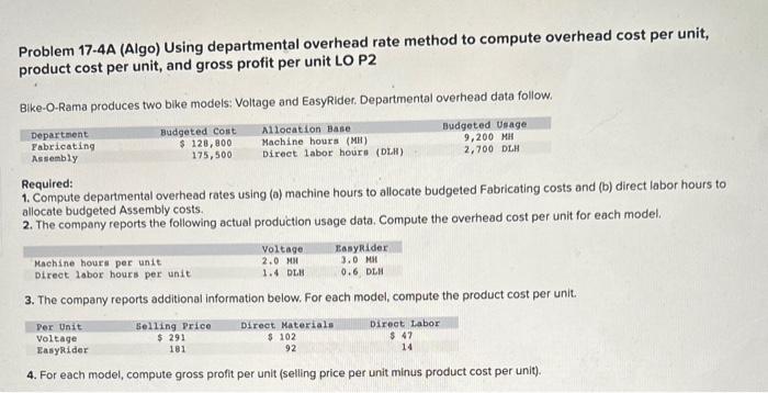 Solved Problem 17-4A (Algo) Using departmental overhead rate | Chegg.com