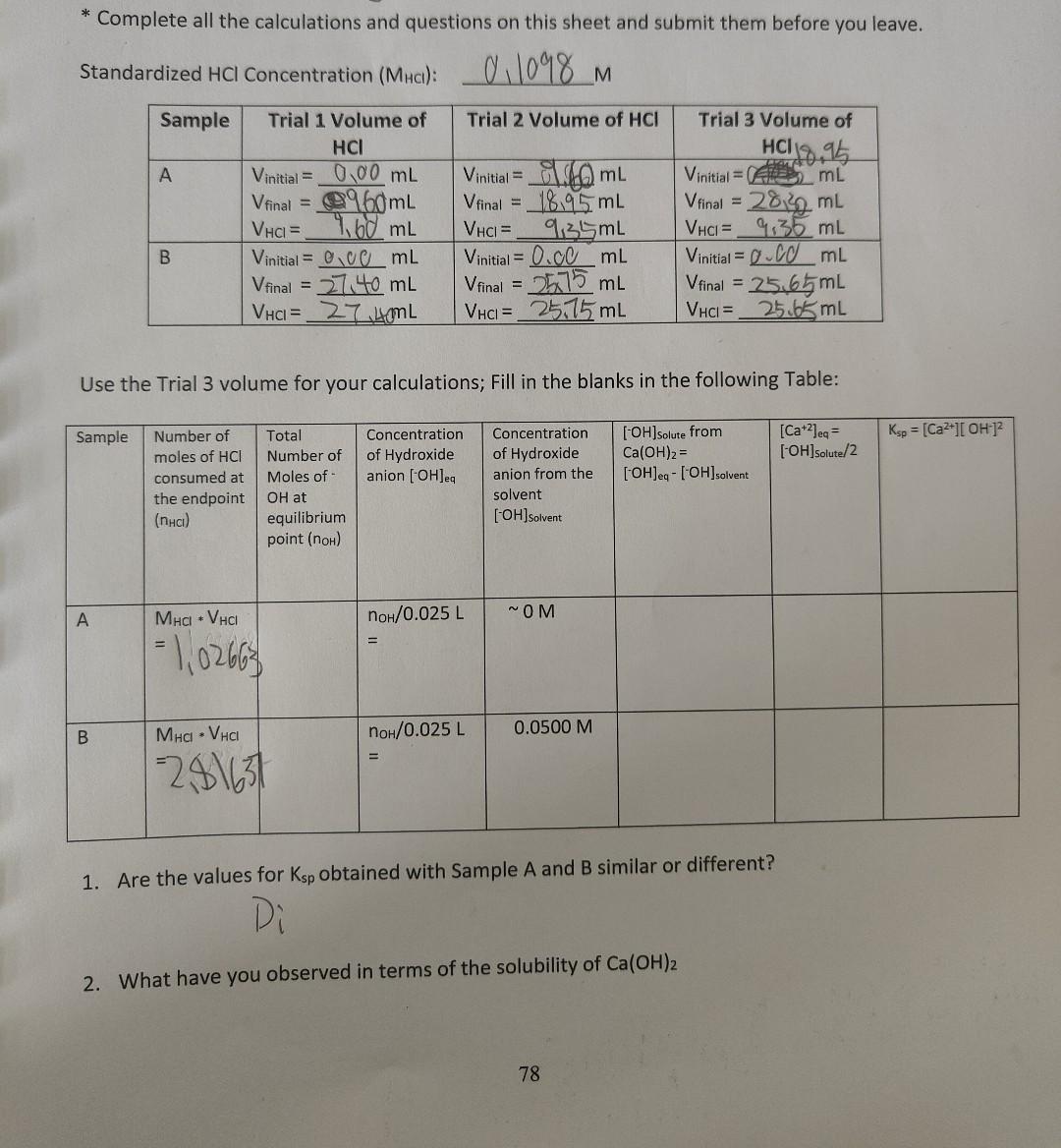 Solved * Complete all the calculations and questions on this | Chegg.com