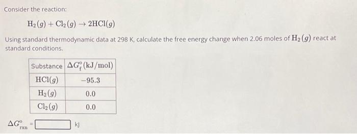 Consider the reaction: H2(g)+Cl2(g)→2HCl(g) Using | Chegg.com
