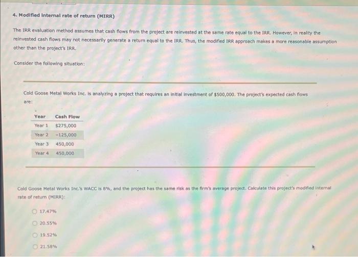 Solved 4. Modified Intemal rate of return (MIRR) The IRR | Chegg.com