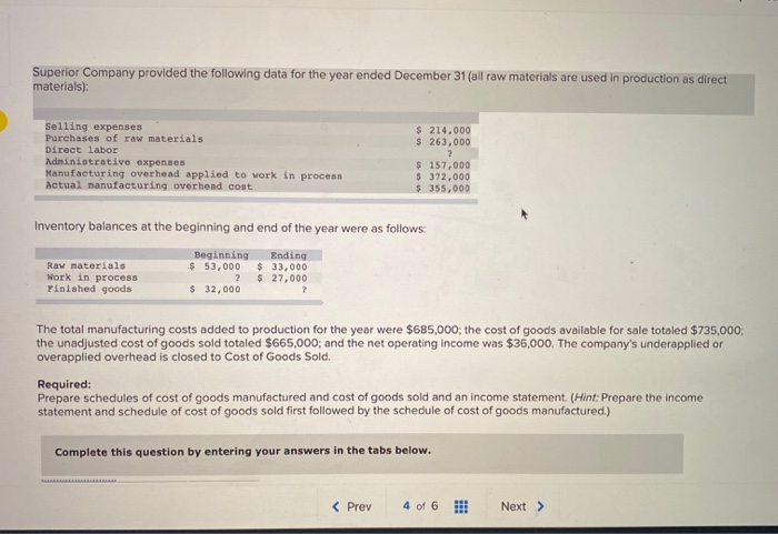 Solved Superior Company provided the following data for the | Chegg.com