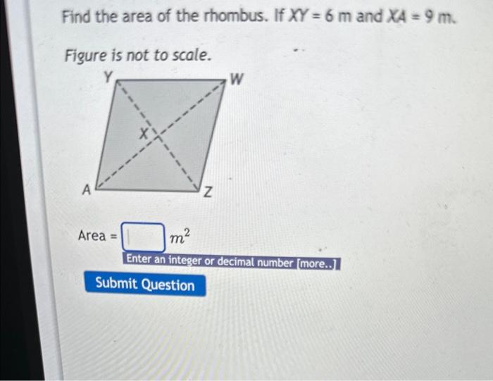 Solved Find the area of the rhombus. If XY=6 m and XA=9 m. | Chegg.com