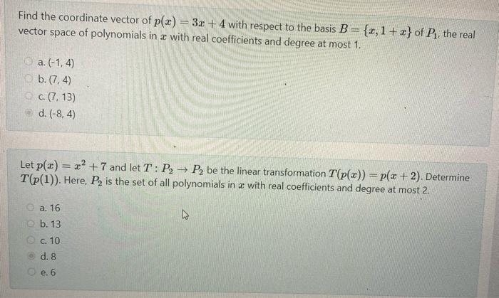 Find the coordinate vector of p(x)=3x+4 with respect | Chegg.com